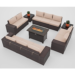 ASJMR Outdoor Patio Furniture Set with Gas Fire Pit Table, 13 Pieces Outdoor Furniture Set Patio Sectional Sofa w/43in Propane Fire Pit, PE Wicker Rattan Patio Conversation Sets (Sand)