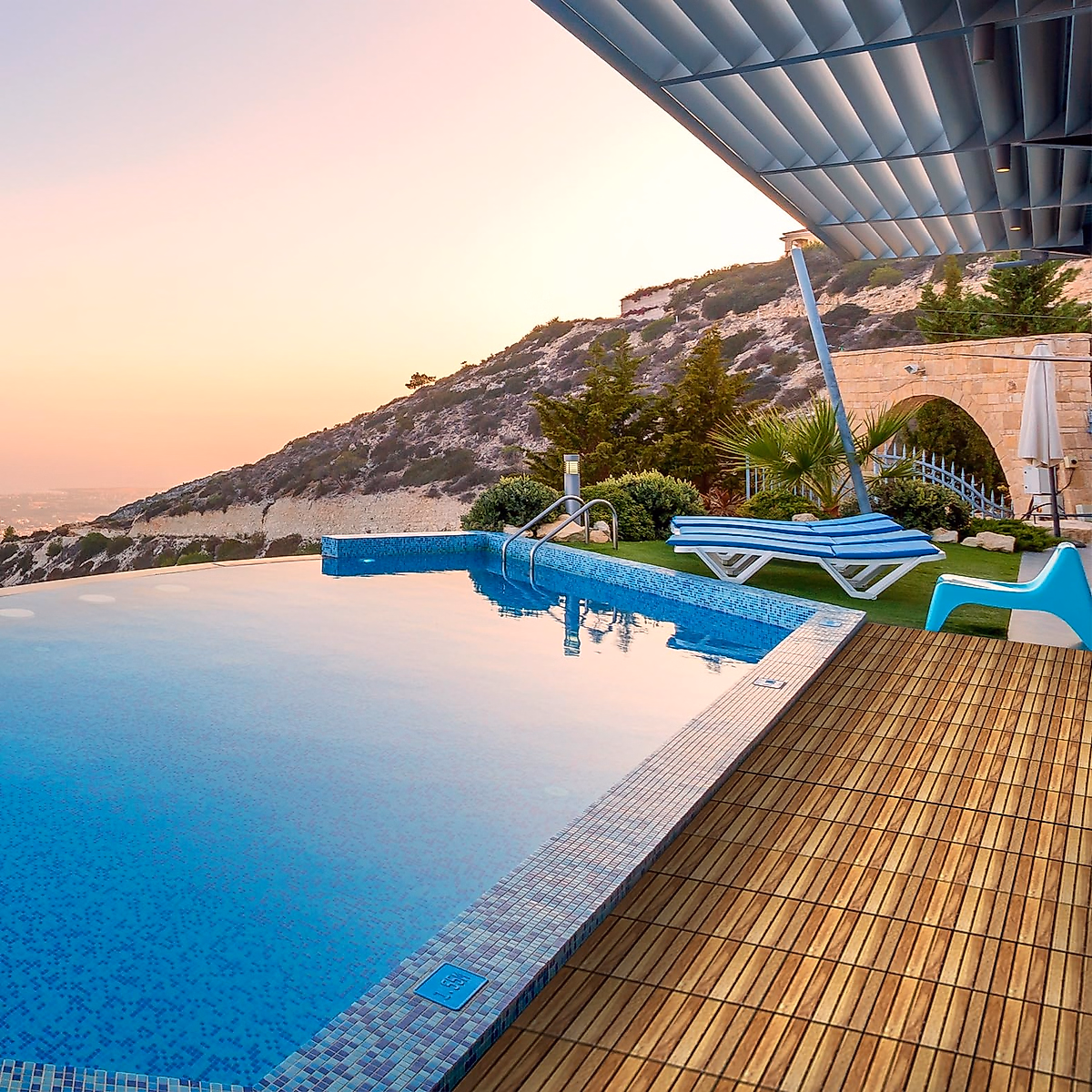 Interlocking Patio Deck Tile (Pack of 10, 12"x12") Acacia Hardwood Deck Tile in Solid Acacia Wooden Oiled Finish Waterproof All Weather Perfect for Indoor Outdoor(Golden Teak Color)…