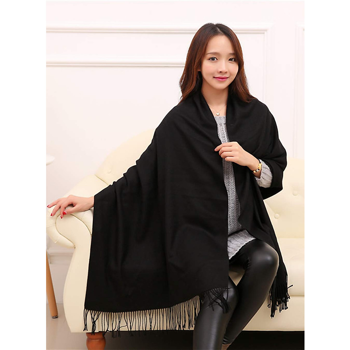 Anboor Super Soft Cashmere Blanket Scarf with Tassel Solid, Black, Size Large