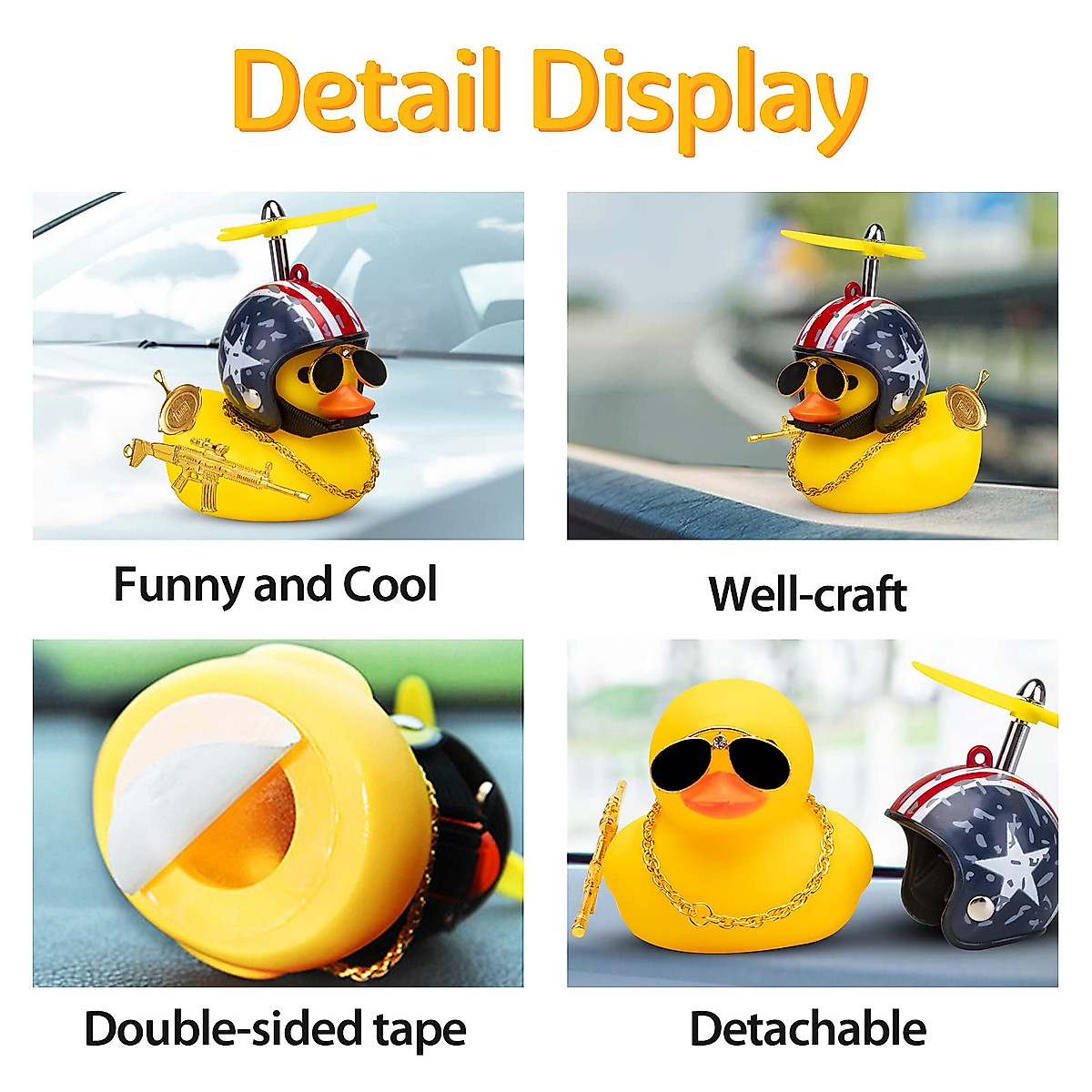 wonuu Rubber Duck Car Ornaments Cool Yellow Duck Car Dashboard Decorations Squeaky Glasses Duck with Propeller Helmet for Car ccessories Dashboard (Z-Pan-Stars&Stripes)