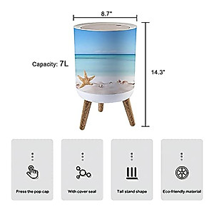 Small Trash Can with Lid Summer Beach with strafish and Shells 7 Liter Round Garbage Can Elasticity Press Cover Lid Wastebasket for Kitchen Bathroom Office 1.8 Gallon