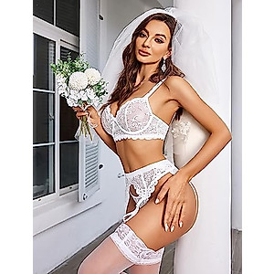 Avidlove Lace Garter Lingerie Set with Underwire Push Up Lingerie Set (No Stockings) (White, S)