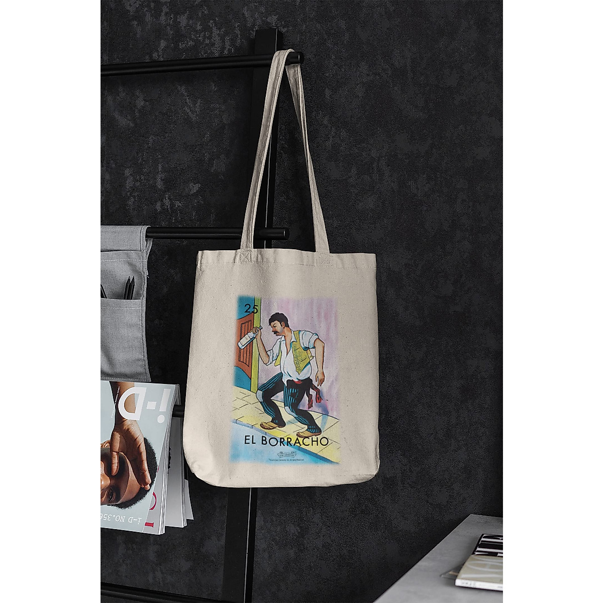 Pop Threads El Borracho Drunk Loteria Card Mexican Latina Graphic Tote Bag for Adults Black 15x15 inches