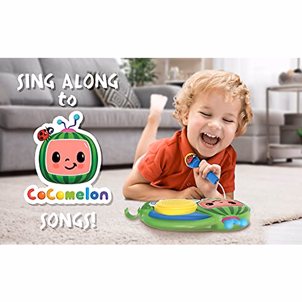 eKids Auxiliary Cocomelon Toy Singalong Boombox with Microphone for Toddlers, Built-in Music and Flashing Lights, Fans of Cocomelon Gifts