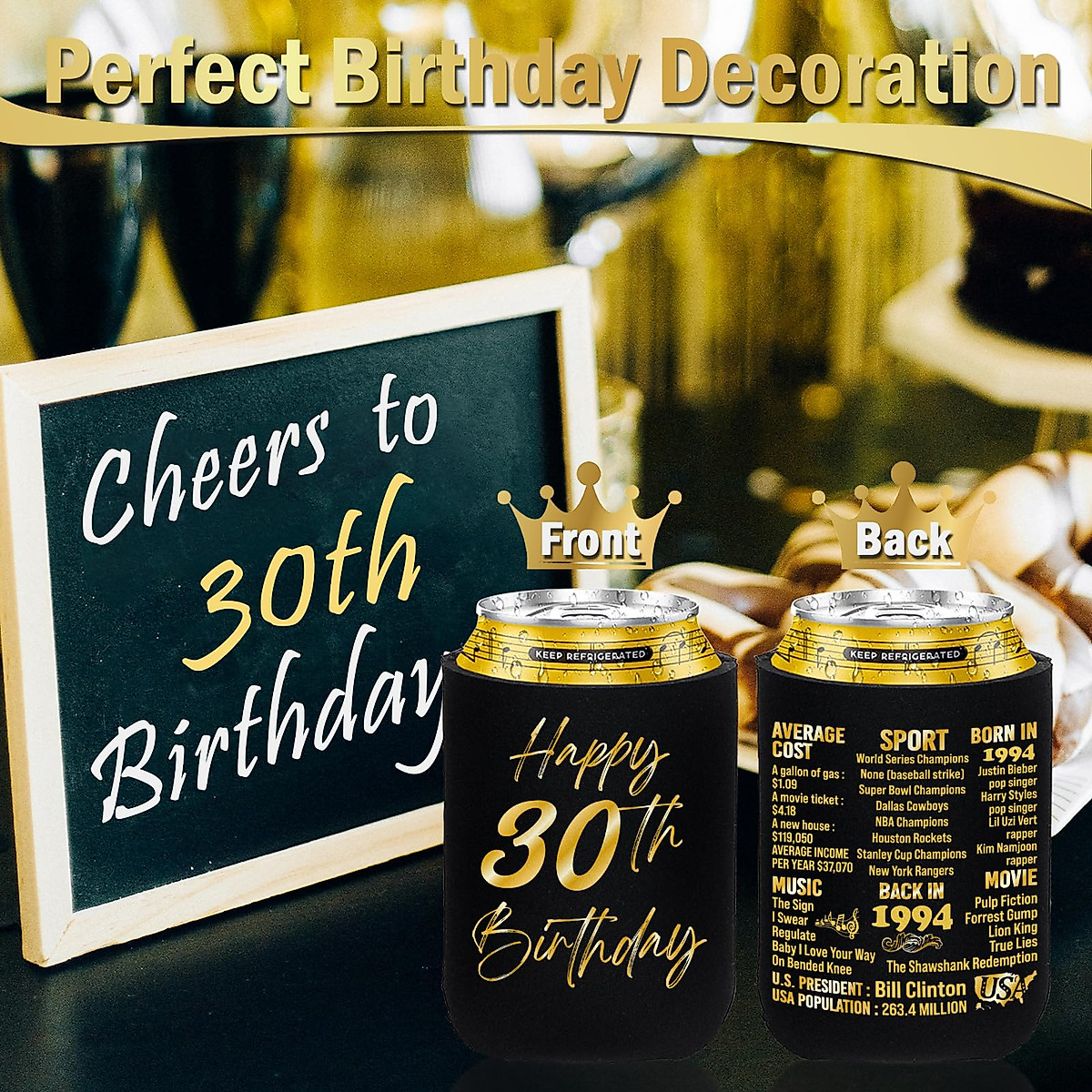 BackURyear 30th Birthday Decorations for Men Women, Him 30th Birthday Party Supplies, Her 30 Years Old Birthday Decor, Back in 1994- Turning Thirty, Can Cooler Sleeves, Black&Gold/12 Pcs