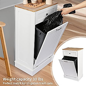 TOLEAD Tilt Out Trash Cabinet,Antique-Style Beadboard Kitchen Island with Solid Wood Tabletop & Drawer, Pet Proof Trash Can, Wood Laundry Cabinet (White)