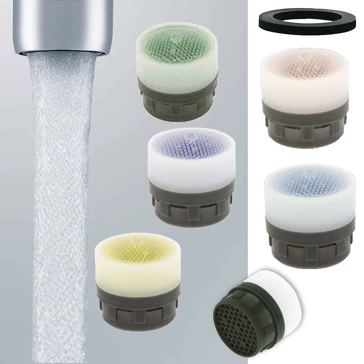 Flow Options Aerator Kit Faucet Inserts 1.2 GPM - 1.8 PCA Water-Saving Replacement Restrictors - 5 Pack Install Wrench Kithen Bathroom Aerated Stream Parts Set (Tom Thumb Size)