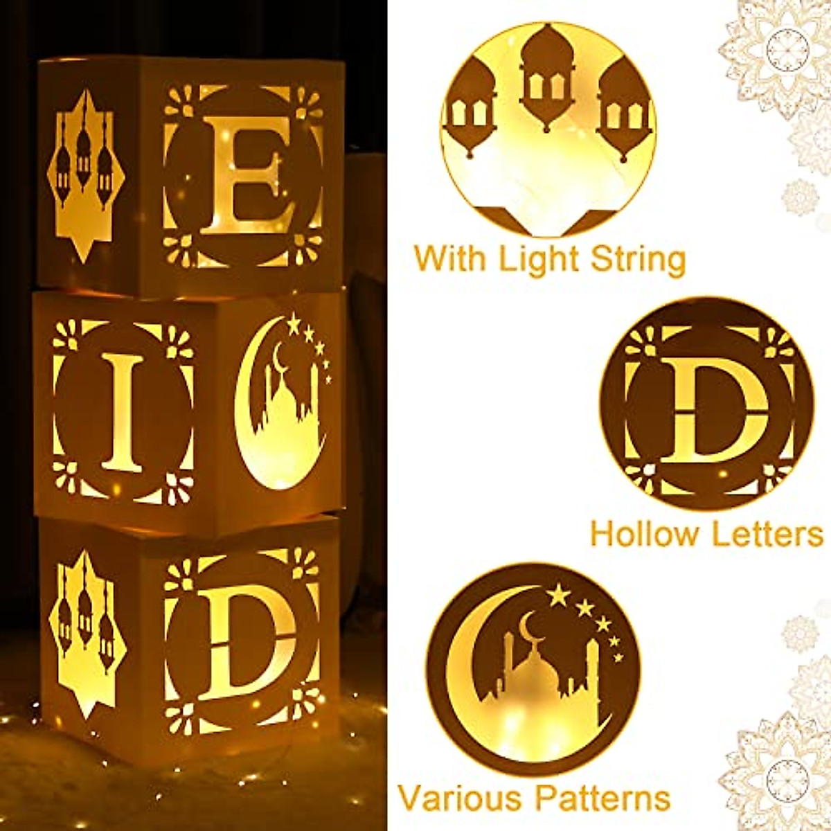 Decoration Boxes with Light - 3pcs White Hollow-out with Warm Light String,EID Cultural Paper Elements Box for Eid al-Fitr Decor Eid al-Adha Festival Ramadan Mubarak Muslim Islamic Supplies