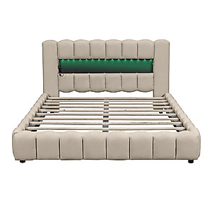 BIADNBZ Queen Size Platform Bed with LED Headboard and Storage Underneath, Upholstered Bedframe w/Built-in Shelf & USB, for Bedroom Guest Room, Beige