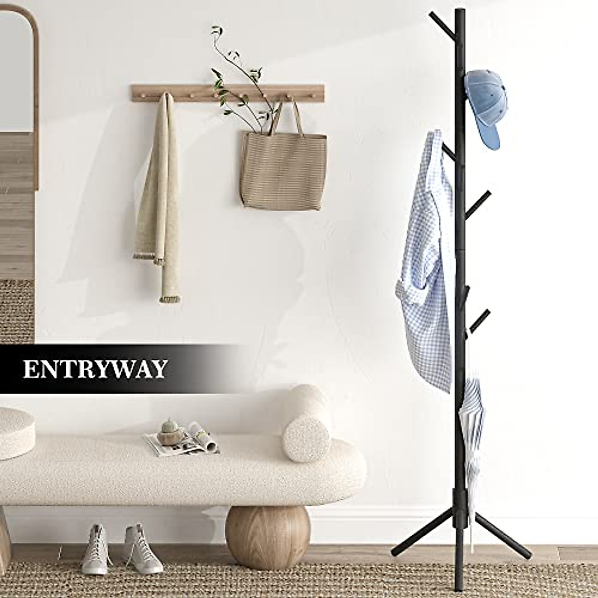 NicQliear Wooden Freestanding Coat Rack with 9 Hooks, Adjustable Coat Rack Stand 69.3" to Hang Clothes/Bags/Hats, Standing Coat Tree Perfect for Bedroom/Entryway/Hallway, Easy Assembly, Black