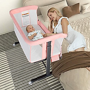 Kinder King Baby Bassinet w/Wheels, Folding Portable Newborn Bedside Sleeper, All-Sided Mesh Infant Crib, Adjustable Height/Angle, Removable Soft Mattress, No Tool to Assemble, Pink