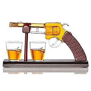 Gun Whiskey Decanter By The Diamond Glassware | Comes With A Set Of 2 Bullet Glasses & Mahogany Wooden Base | Decanter Set, Perfect For Whiskey, Bourbon, Scotch, Liquor| Great Gift For Him | 100ml