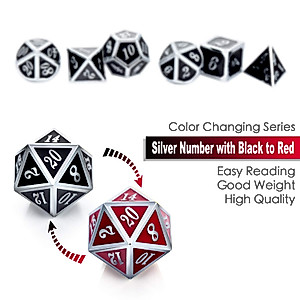 DNDND Color Changing Metal Dice Set, Temperature Sensitive DND Game Dice Set with Free Metal Tin for Dungeons and Dragons D&D Rolling Table Games (Silver Number with Black to Red)