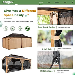 EROMMY 12' x 20' Gazebo, Wooden Finish Coated Aluminum Frame Canopy with Double Galvanized Steel Hardtop Roof, Outdoor Permanent Metal Pavilion with Curtains and Nettings for Patio, Backyard and Deck