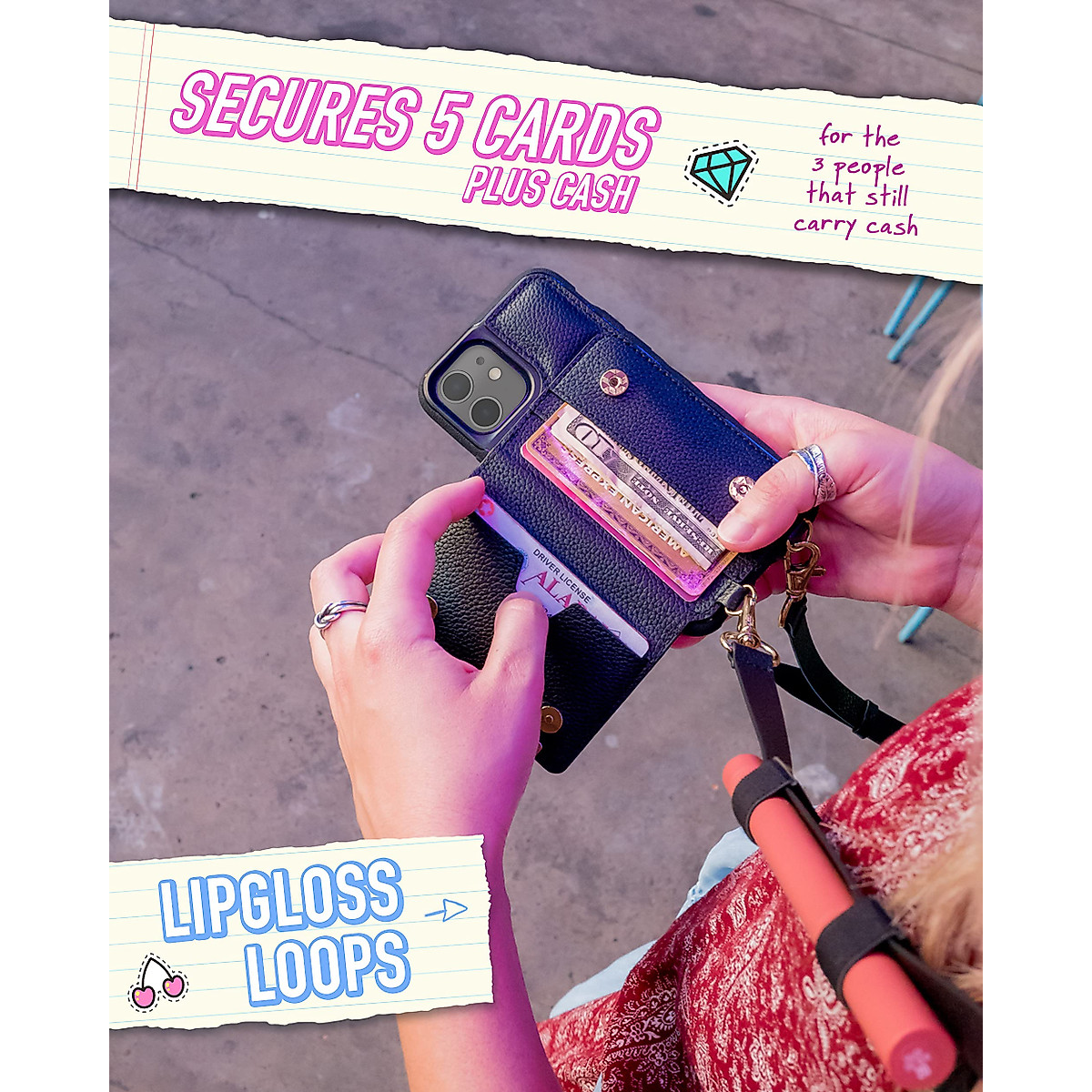 Smartish iPhone 11 Crossbody Case for Women - Dancing Queen [Purse/Clutch with Detachable Strap & Card Holder] - Stiletto Black-Gold