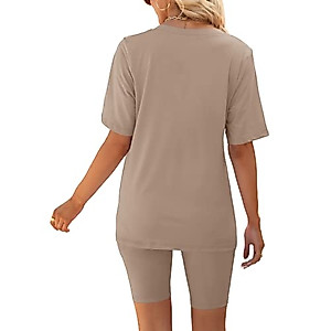 AGSEEM 2 Piece Summer Outfits For Women Shorts Sleeve V Ncek Summer Clothes Khaki XL