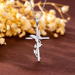 ASHLI JENA Cross Necklace for Women Faith Love 925 Sterling Silver Butterfly CZ Diamond Pendant Necklaces Jewelry for Women Mom Wife