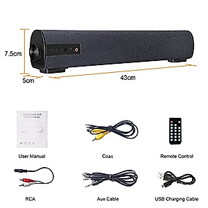 Sound Bars for TV/PC, 16.9" Outdoor/Indoor Mini Soundbar with Wired & Wireless Bluetooth 5 Speaker, 2 X 5 W Sound Bar with Subwoofer for Small Room, Coax/AUX/RCA/TF Card and Remote Control (Updated)
