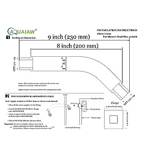 Aquaiaw Square Shower Arm and Anti-Scratch O-Ring Flange, Solid Brass, 8 inch, Both Soldered 1/2-14 NPT Tapered Threads, Wall Mount Shower Head Extension Arm (Matte Black)