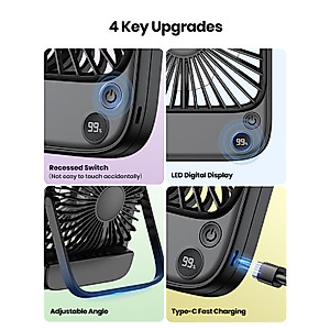 TOPK 2 Pack 5000mAh Portable Desk Fan, Ultra-thin Strong Wind Digital Display 4 Speeds Adjustable Small Silent Battery Powered Personal Fan for Bedroom, Office, Travel, Library, Outdoor