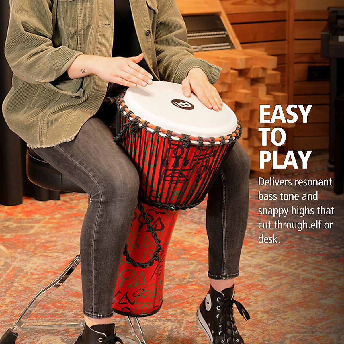 Travel Djembe Hand Drum Circle Instrument, Synthetic Shell and Goat Skin Head — NOT MADE IN CHINA — African Mali Weave Rope Tuning, 2-YEAR WARRANTY