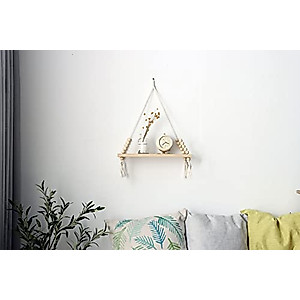 ND RongFeng Wooden Rope Suspended Floating Shelf Set of 2, Wall Rope Rack for Living Room, Bedroom, Bathroom and Kitchen, Shelves in Natural Wood Color
