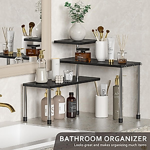 Hellojin Countertop Organizer, 3 Tier Moveable Corner Shelf for Kitchen Counter, Bathroom, Bamboo Spice Rack, Coffee Area, Sink Corner Counter Shelf, Dresser Table with Hooks (Black)