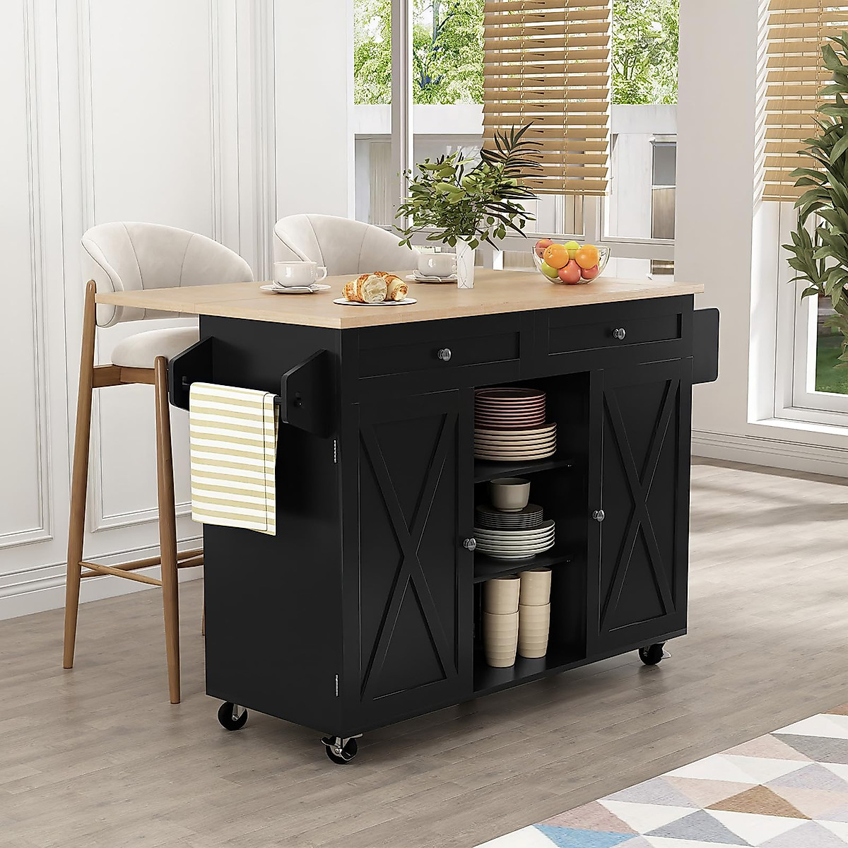 HLR Kitchen Island On Wheels, Rolling Kitchen Island Cart with Drop Leaf Countertop, Barn Door Kitchen Island Table with Storage Cabinet and Tower Rack, Island Table for Kitchen