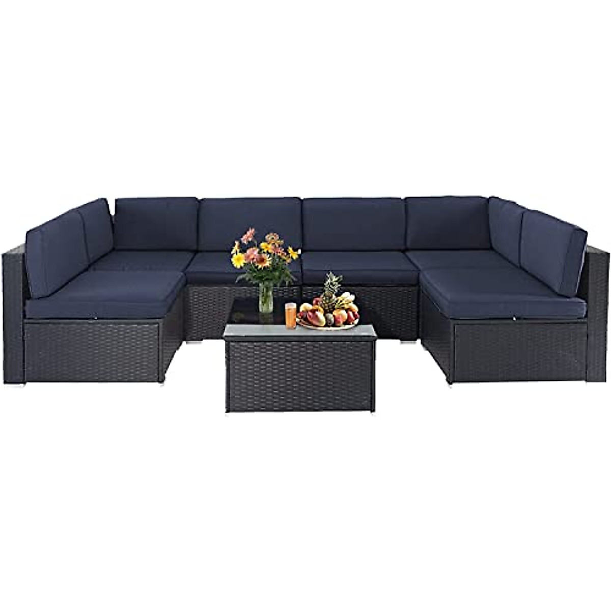 Crownland 7-Piece Outdoor Patio Furniture Sets, All-Weather Black Wicker Rattan Sectional Sofa, Modern Glass Coffee Table and Washable Seat Cushion with YKK Zipper (Dark Blue)