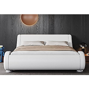 Allewie Queen Size Upholstered Platform Bed Frame with Ergonomic & Adjustable Headboard, Modern Low Profile Sleigh Design - Easy Assembly, No Box Spring Needed, White
