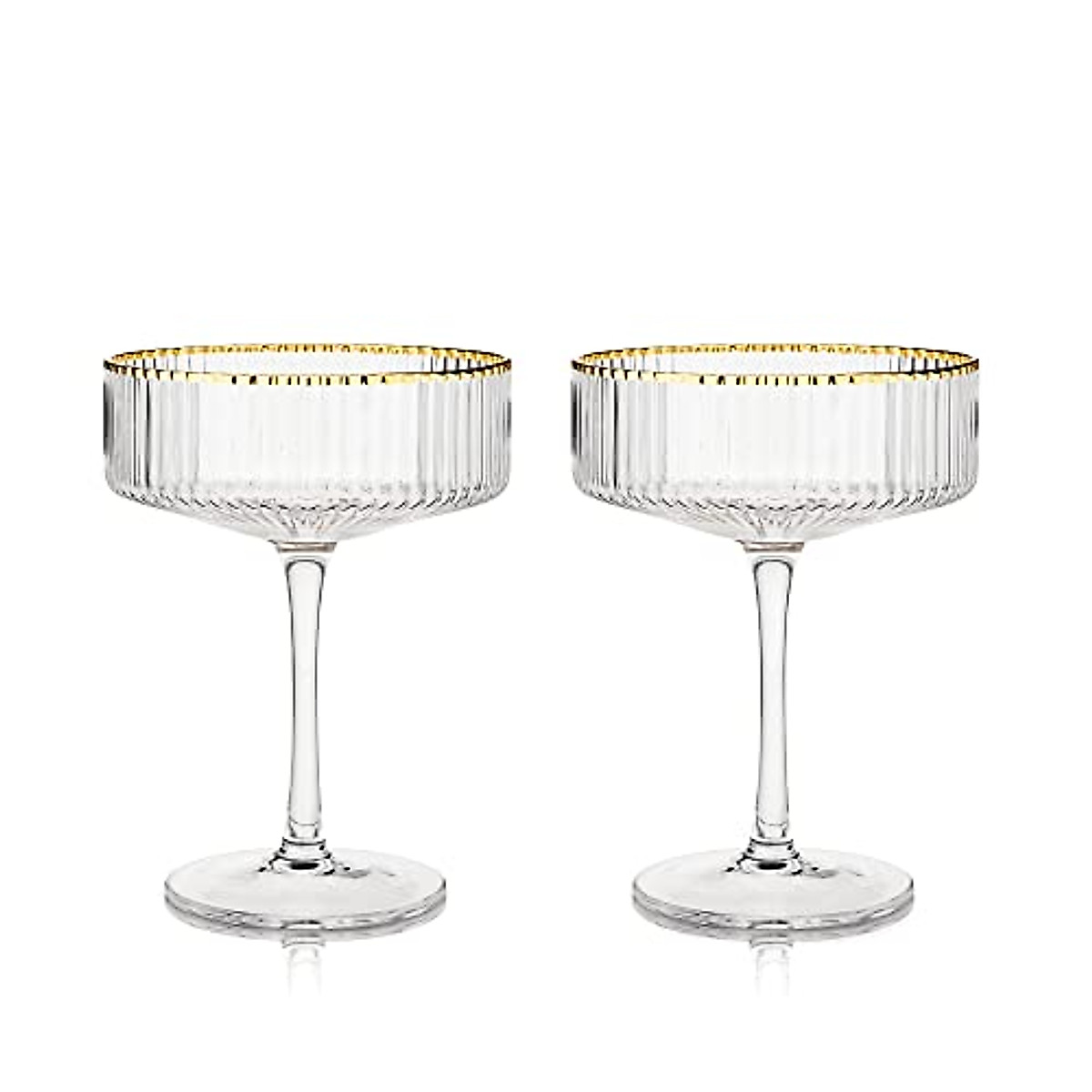 Viski Meridian Vintage Coupe Glasses, Art Deco Champagne Coupe Glassware, Gold Rimmed Stemmed Drinkware Set of 2, 11.5 oz
