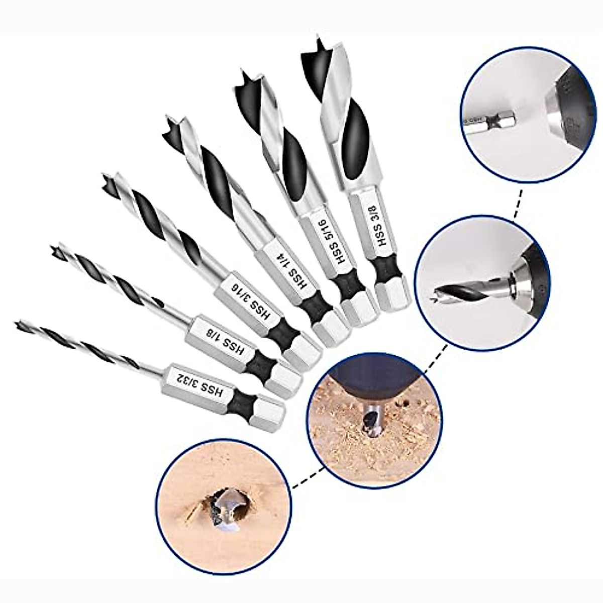 Eyech 6Pcs Brad Point Drill Bits Stubby Drill Bit Set for Wood |Spiral Twist Bit 1/4" Quick Change Hex Shank | 4241 High Speed Steel | for Quick Change Chucks and Drives