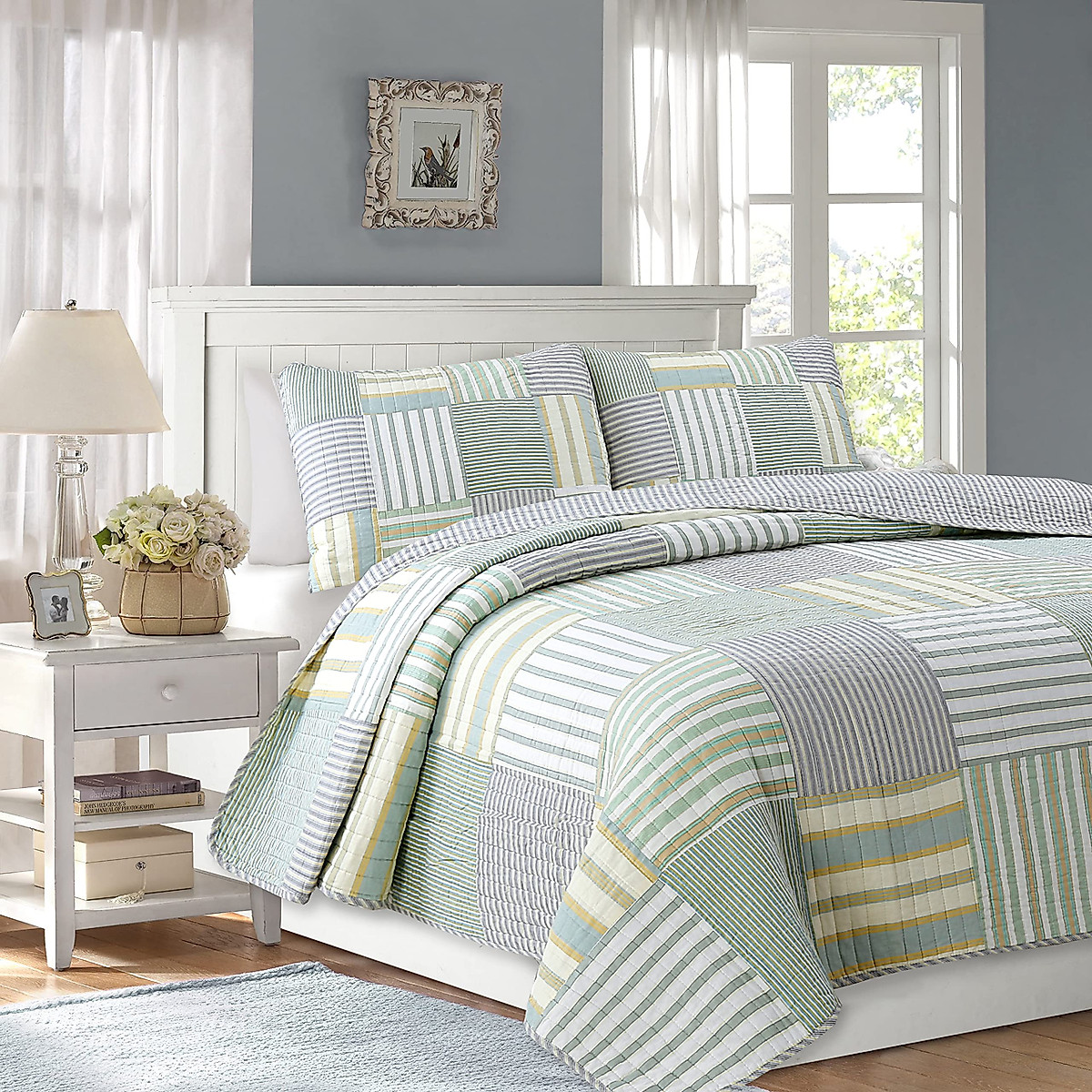 Cozy Line Home Fashions Green Yellow Blue Plaid Striped Real Patchwork 100% Cotton, Reversible Coverlet, Bedspread, Quilt Bedding Set (Green Patchwork, Twin - 2 Piece)