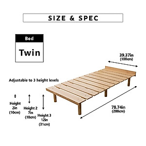 EMOOR Wood Slatted Floor Bed Frame OSMOS Twin for Japanese Futon Mattress Solid Pine (Retro-Brown), Height Adjustable (2/7/12in) Tatami Mat