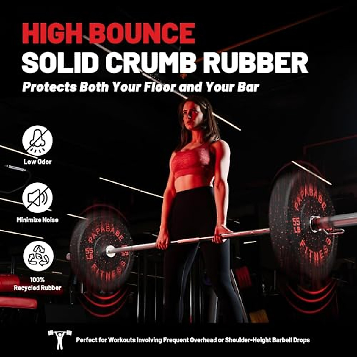 papababe High-Bounce Bumper Plates, Olympic Weight Plates with Colored Fleck-Rubber, Weight Plate for Weightlifting and Strength Training (55 LB, Pair)