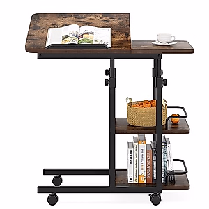 Tribesigns Height Adjustable C Table with Storage, Mobile Couch Snack Side Table with Tiltable Drawing Board, Sofa Bedside Table Laptop Rolling Cart for Bedroom, Living Room (Rustic Brown)