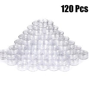 120 PCs 5 Gram Empty Plastic Cosmetic Samples Container for Make Up, Eye Shadow, Nails, Powder, Gems, Beads, Jewelry, Cream Small Clear Pot Jars with Lid