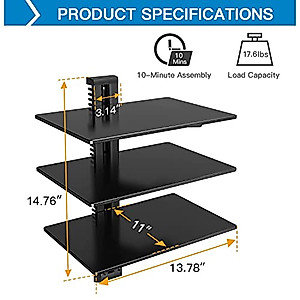 PERLESMITH Floating Wall Mounted Shelf AV Mount Shelf - Holds up to 16.5lbs - DVD DVR Component Shelf with Strengthened Tempered Glass - Perfect for DVD Players, TV Box and Cable Box, PSDSK3