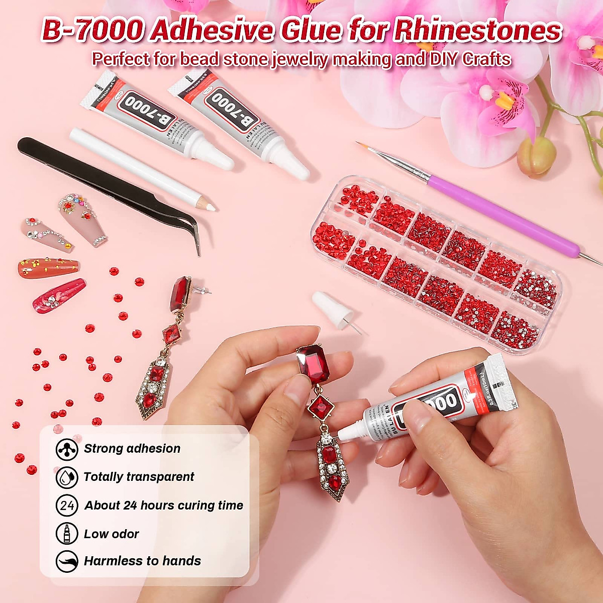 Audab Red Rhinestone with B7000 Adhesive Glue for Craft, 2100Pcs Flat Back Rhinestones Crystal Gems with Dotting Tools Clear Craft Glue for Clothes Fabric Shoes Jewelry Making Nail Art Makeup