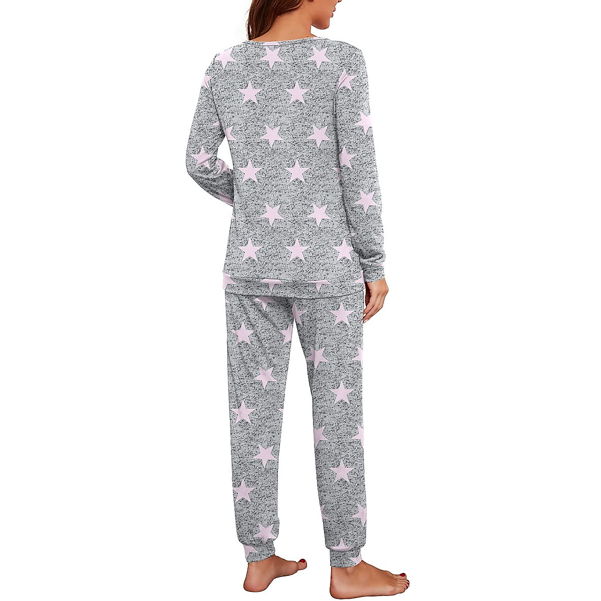 PrinStory Womens Pajama Set Long Sleeve Sleepwear Nightwear Soft Pjs Lounge Sets With Pockets FP-Pink Star-Large
