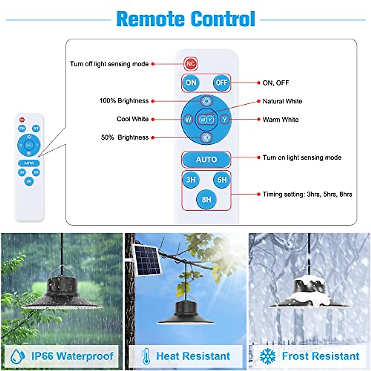 NIORSUN Solar Lights Outdoor, LED Solar Pendant Light 3000K|4000K|5000K| Dimmable Lighting with Remote Control, 16.4ft Cable IP66 Waterproof for Patio, Garage, Camp, Chicken Coop, Shed Barn
