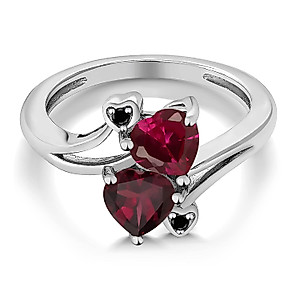 Gem Stone King 925 Sterling Silver Red Created Ruby Red Rhodolite Garnet and Black Diamond Ring For Women (1.72 Cttw, Heart Shape 6MM, Gemstone July Birthstone, Available In Size 5, 6, 7, 8, 9)