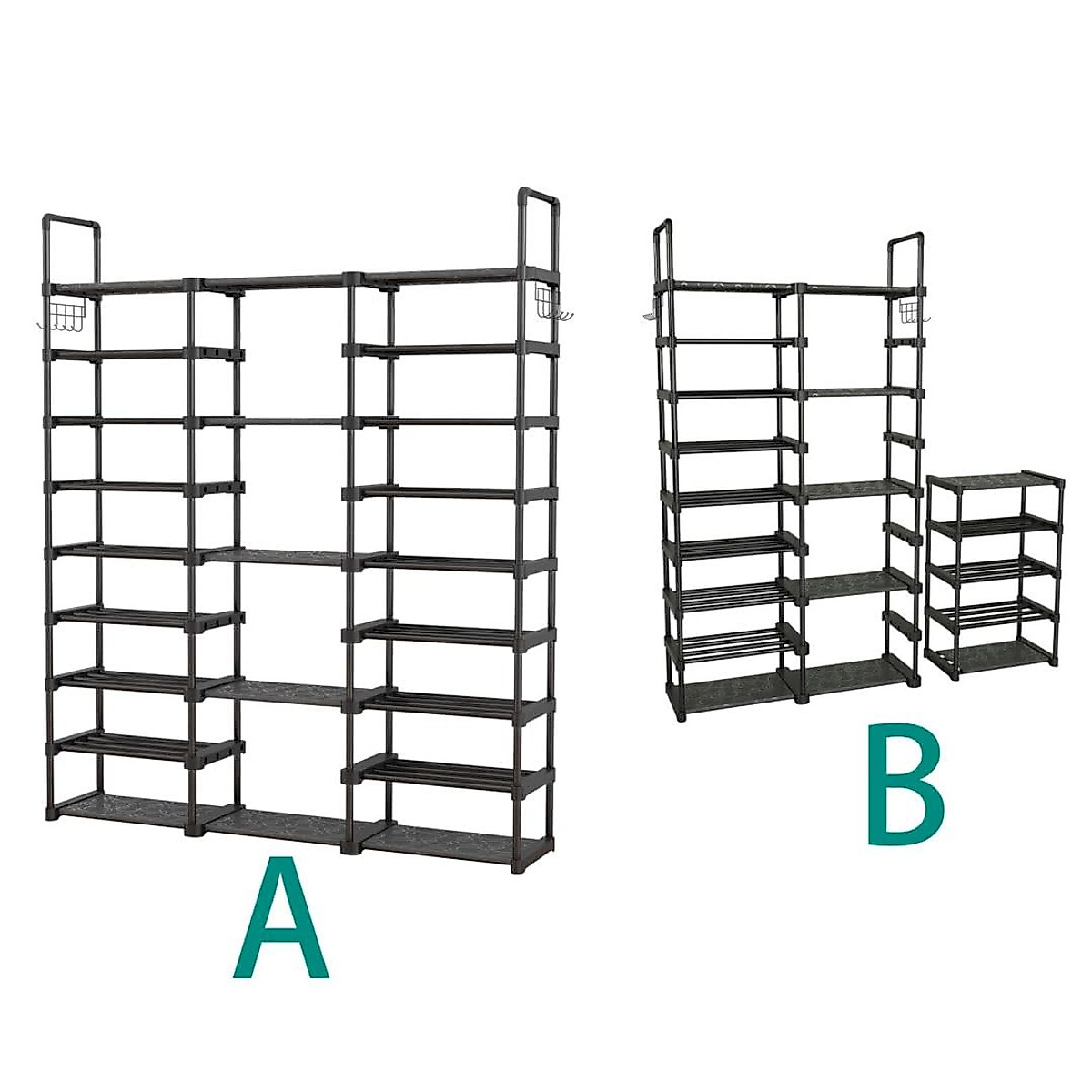 Piggy-G 9 Tiers Shoes Rack for Entryway, Shoe Organizer with Hook Rack, Shoe Storage Shelf Organizer Stackable Long Shoe Shelf for Hallway Entryway, Closet, Garage, Bedroom, Cloakroom