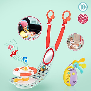 Chibon Baby Car Seat Toys for Infants with Mirror & Toy Keys for Toddlers and Babies, Carseat Toys Steering Wheel with Music Lights and Driving Sounds, Toddler Keys for Car Remote with Car Sounds