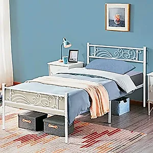 Weehom Twin Size Bed Frame with Headboard No Box Spring Needed Platform Single Bed for Kids, White