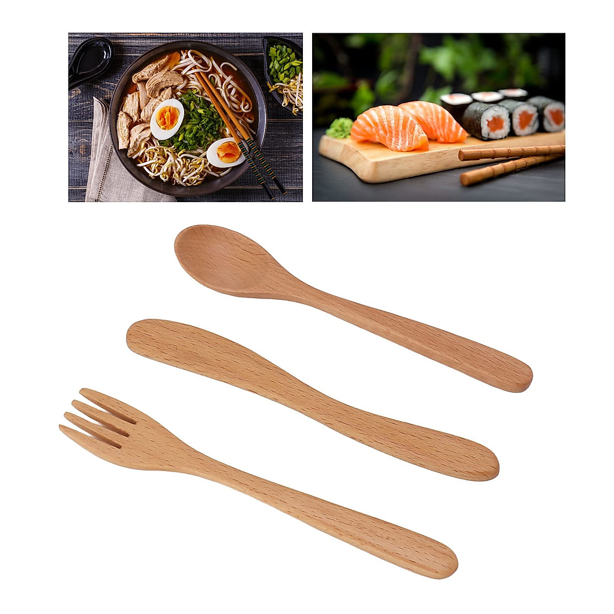Wooden Flatware Set, Japanese Style Thick Beech Wood Cultery Set, Reusable Wooden Eating Utensils, Sturdy Smoothing Spoon Fork Set with Knife for Home, Kitchen, Cooking