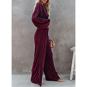 Dokotoo Womens Two Piece Outfits Casual Crew Neck Long Sleeve Tops 2 Piece Fall Outfits for Women Solid Wide Leg Pants Set 2024 Trendy Wedding Guest Sweatsuit Palazzo Pants Tracksuit L Red