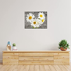 TAOMI White Daisy Flowers Picture Bedroom Bathroom Wall Art Yellow Daisy Flower Wood Grain Canvas Print 12x16 Rustic Farmhouse Floral Artwork for Living Room Office Home Decor Ready to Hang