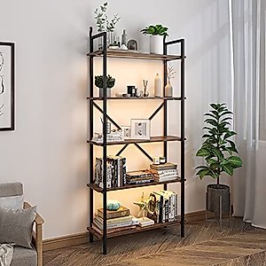 Vlsrka 5 Tier Bookshelf with 3 LED Lights, Industrial Bookshelf Tall Bookshelf Vintage Etagere Bookshelf Modern Bookcases Storage Organizer Open Display Shelves for Living Room Bedroom Home Kitchen