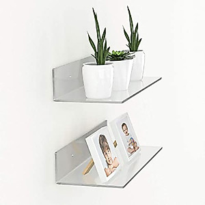 FEMELI Clear Acrylic Floating Wall Shelf for Figures Collections Plant Photo in Bedroom Living Room Office,Wall Mounted Storage Shelf 12 Inch,2 Pack
